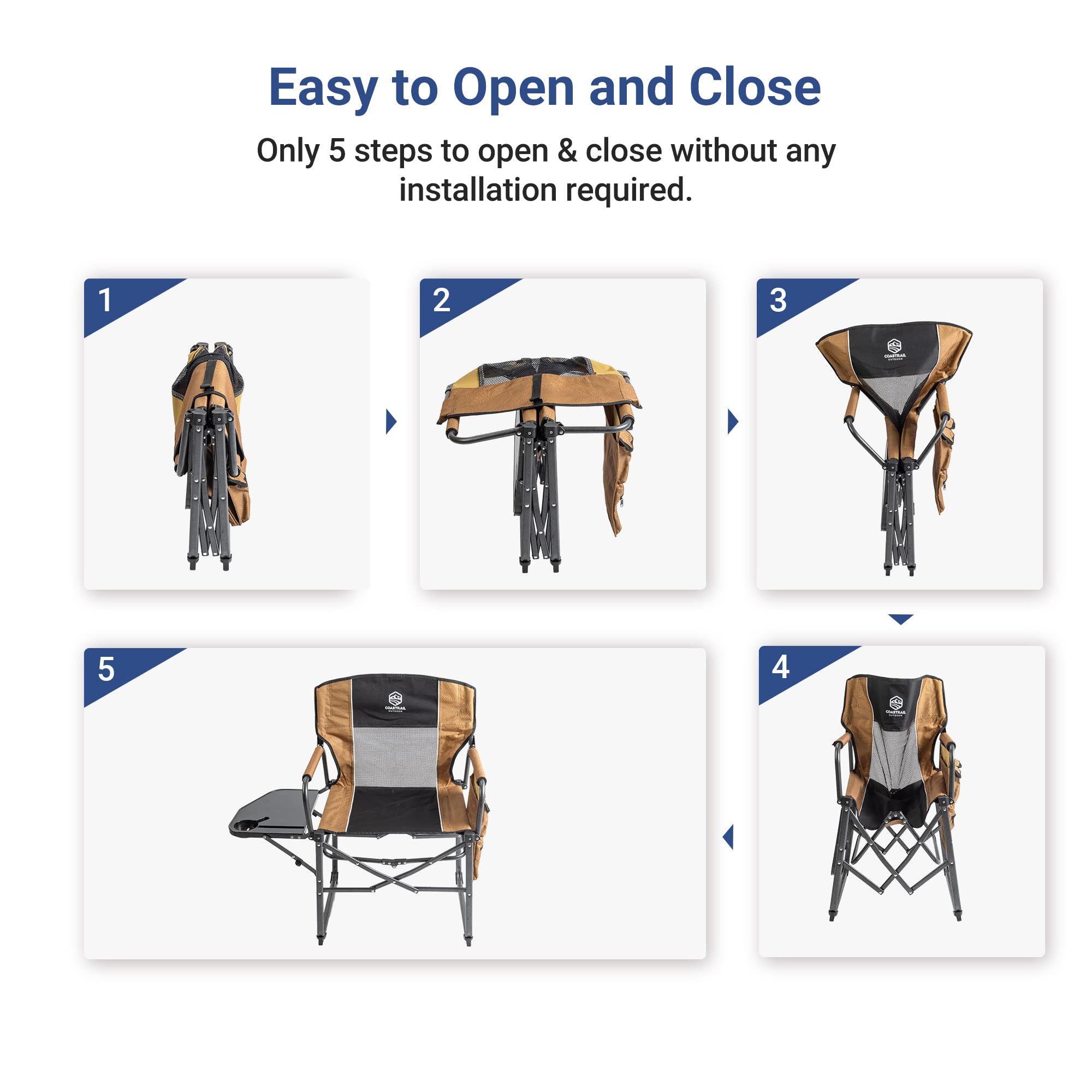 Coastrail Outdoor Directors Chair Extra Compact Folding Camping Chair with Large Side Table, Breathable Mesh Back, Cup & Phone Holder, Storage Pockets & Handle, Bonus Carry Bag,Khaki, X-Large