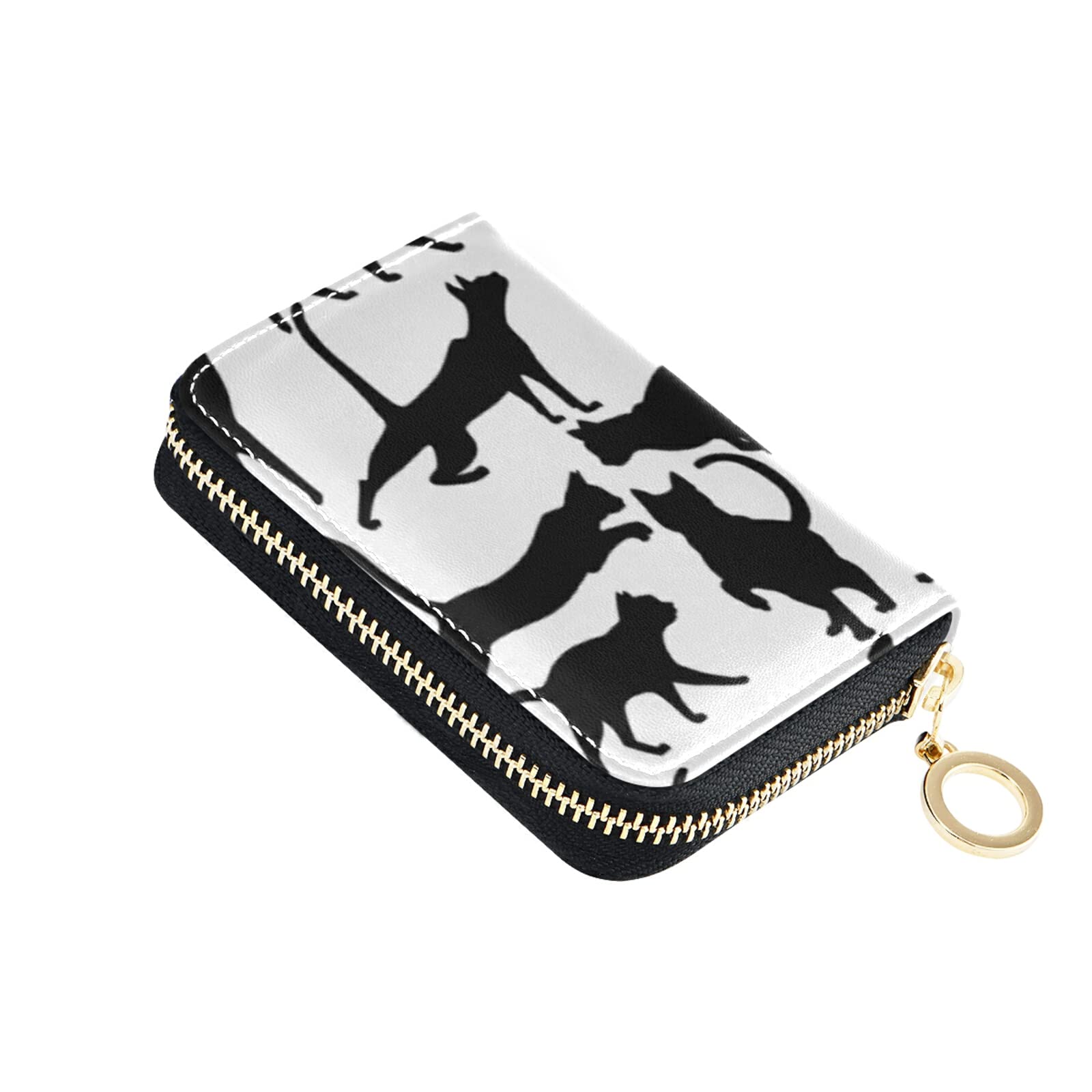 Set of Silhouettes of cats, Icons of cats in Different Poses on WhiteGrey Credit Card Coin wallet, RFID Blocking Compact Women Leather Card Holder, Key Change Organizer, Zipper Purse Clutch Pouch