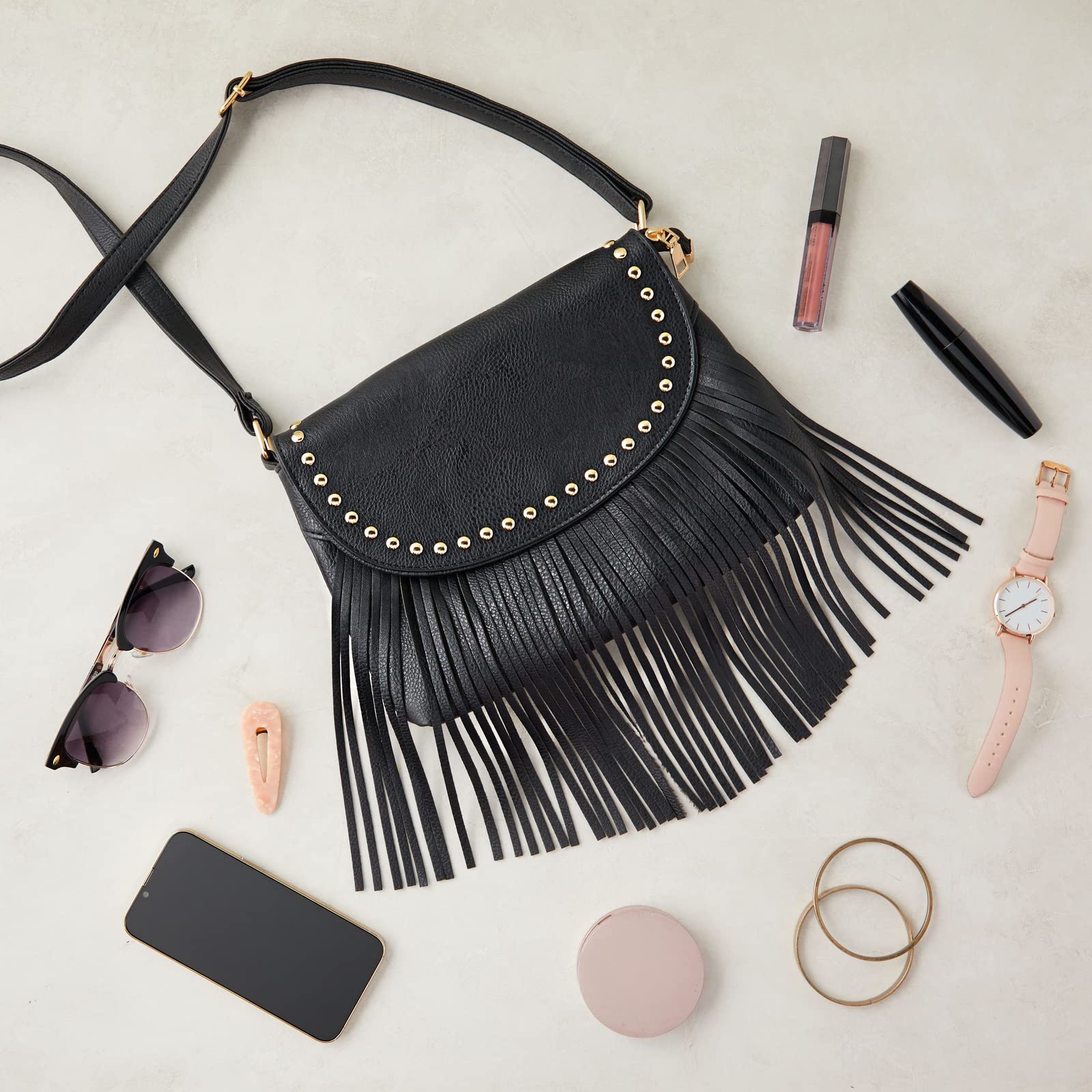 Zodaca Black Fringe Purse for Women, Faux Leather Hippie Crossbody Bag (10.5 x 1.5 x 7.8 In)