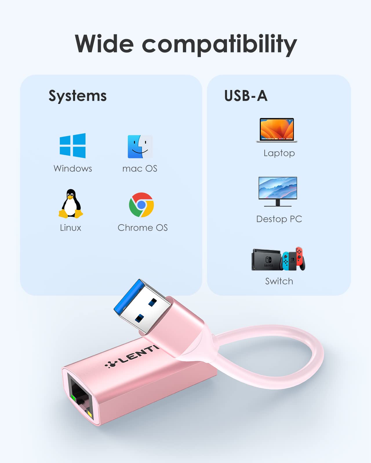 LENTION USB 3.0 Type A to Gigabit Ethernet Adapter, 1000M RJ45 Wired LAN Network Converter Compatible with Nintendo Switch, MacBook Pro/Air, Surface, Chromebook, Most Windows Laptops (HU604,Rose Gold)