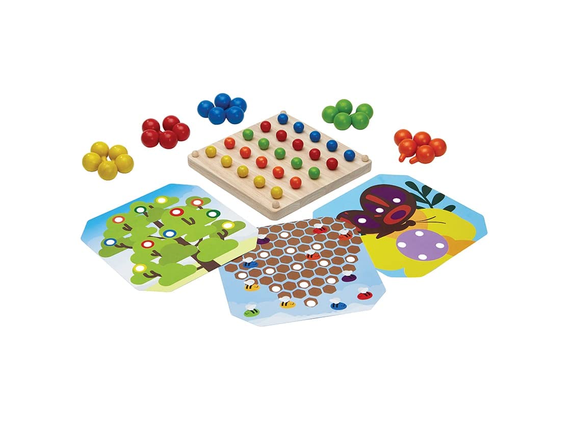 PlanToys Creative Wooden Peg Board With 3 Double Sided Cards (5399) | Sustainably Made from Rubberwood and Non-Toxic Paints and Dyes