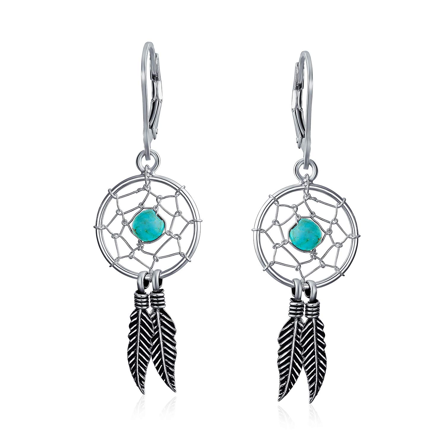 Blue Turquoise Western Jewelry Native American Indian Dream Catcher Feather Dangle Earrings For Women Teen .925 Sterling Silver