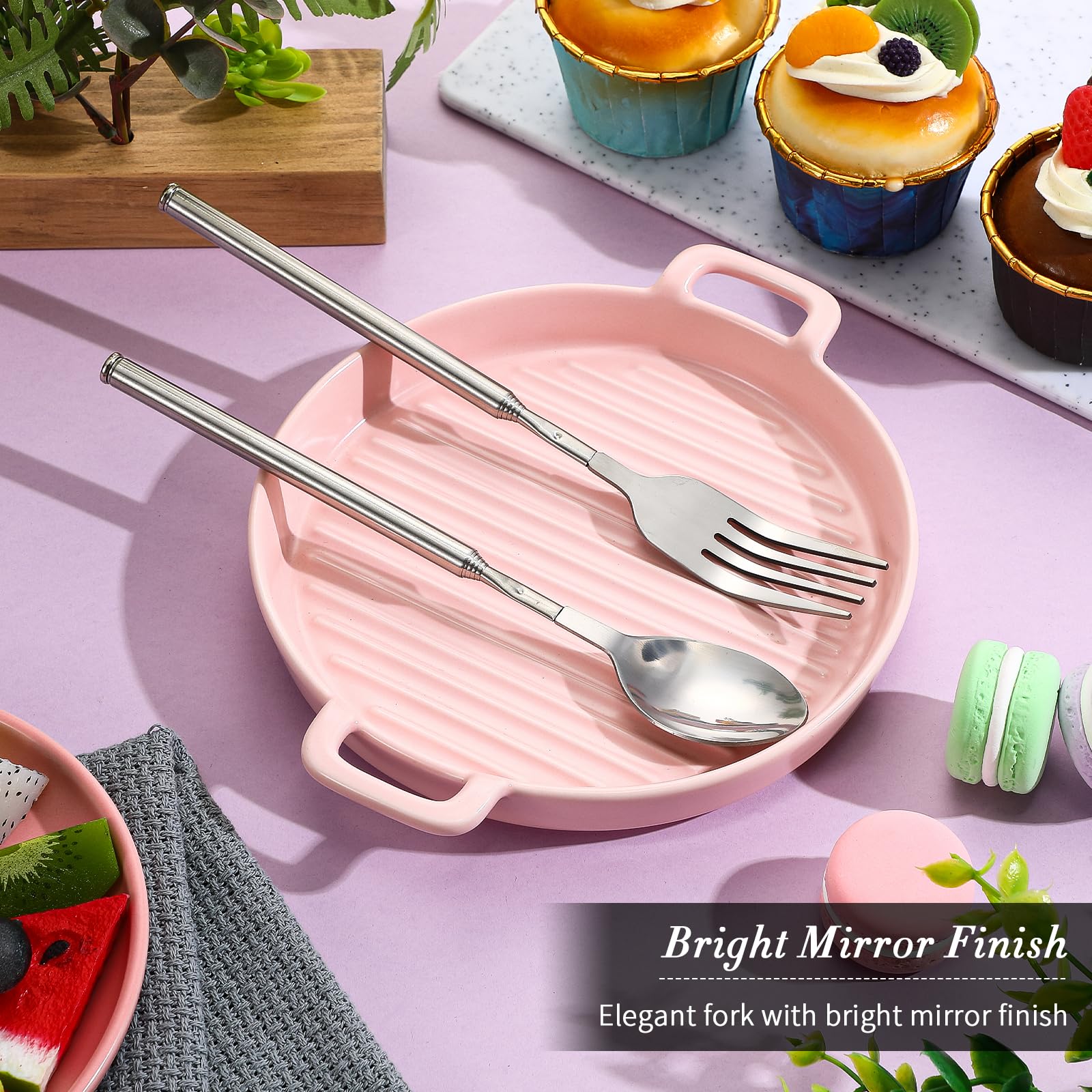 Geetery 2 Pcs Telescopic Spoon Fork Set Extendable Fork Spoon Stainless Steel Dinner Fork Extends to 25 Inch Anti Rust Fruit Dessert Long Handle Fork Spoon Cutlery Set for Barbecue Toasting Dinner