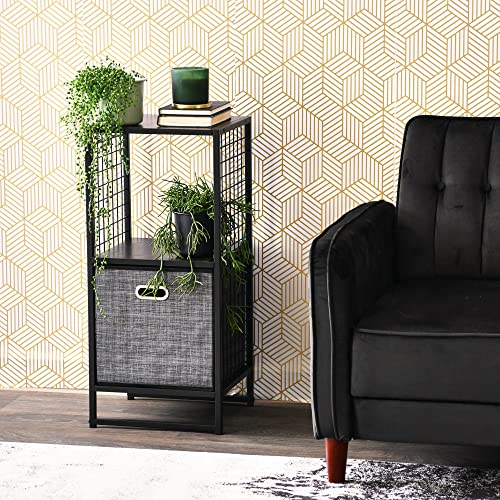 Household Essentials Trellis Open Storage Bookshelf with 2 Cube Compartments Black Oak Wood Grain and Black Metal