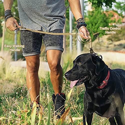 Raipult Heavy Duty Tactical Bungee Dog Leash, 4-6FT No Pull Dog Leash with Quick Release Carabiner, Reflective Shock Absorbing Leashes with Car Seatbelt for Medium Large Dogs,Khaki