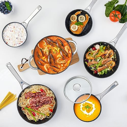 Induction Cookware Nonstick, BEZIA Pots and Pans Set for Induction Cooktop, Compatible with All Stoves, Dishwasher Safe Kitchen Cooking Pan Set with Frying Pans, Saucepans & Stockpot, 10-Piece
