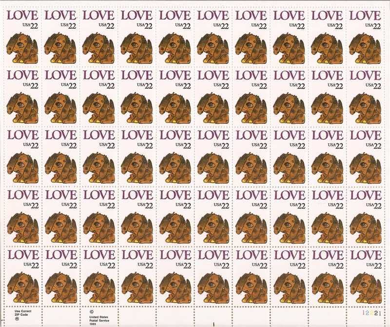 Love Dog Sheet of 50 x 22 Cent US Postage Stamps Scott 2202 By USPS