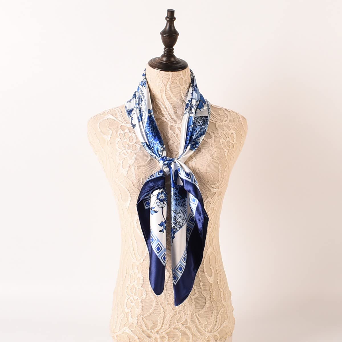 EIysee 35 x 35 Women's Fashion Pattern Large Square Silk Like Hair Scarf Head Sleeping Wrap Satin Neck Bandana for Gift (Blue and white porcelain-navy blue)…