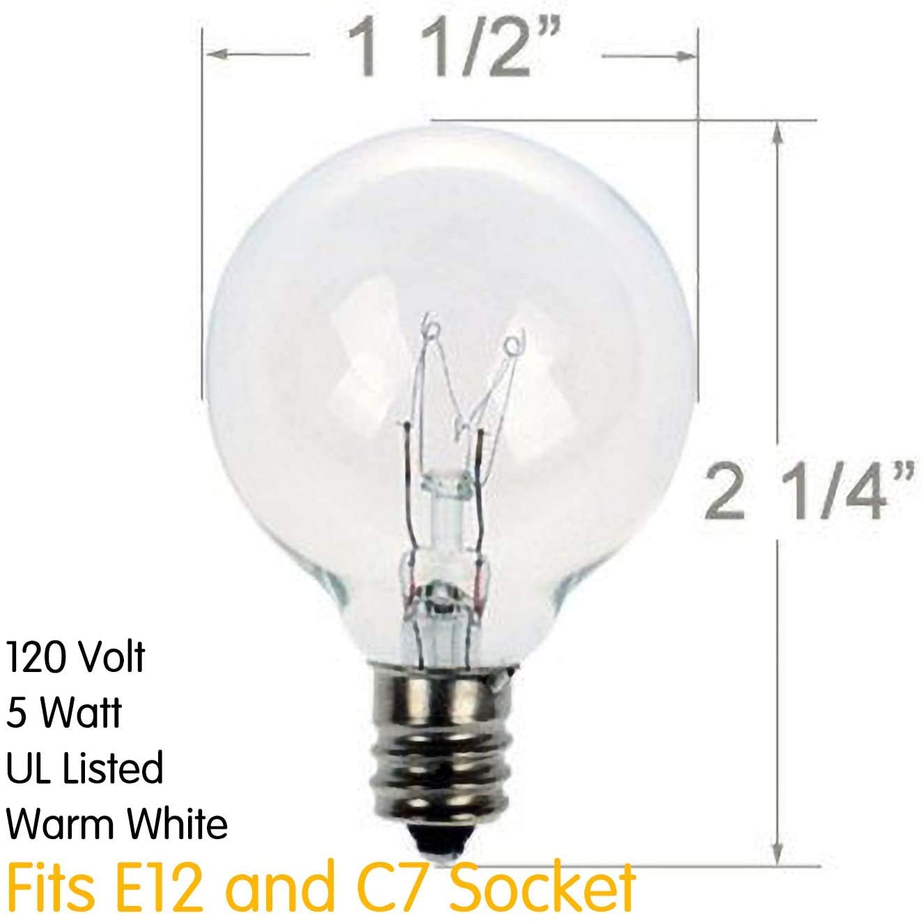 Brightown G40 Clear Light Bulbs Outdoor Light Bulbs Globe E12 Candelabra Screw Base, Incandescent Round Warm Replacement Glass Bulbs for Patio String Lights, 5W 120V, Pack of 25