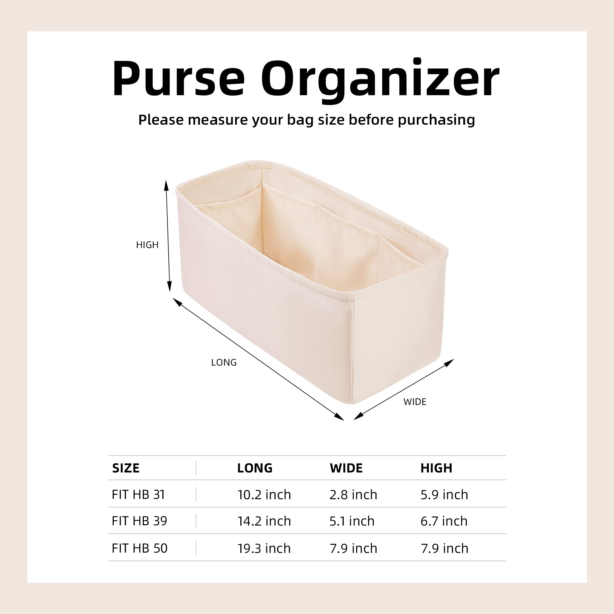DGAZ Silk Purse Organizer Insert Fits Hermes Herbag 31/39/50 Bags, Luxury Handbag & Tote Organiser, Simplicity bag insert(Craie,H31)