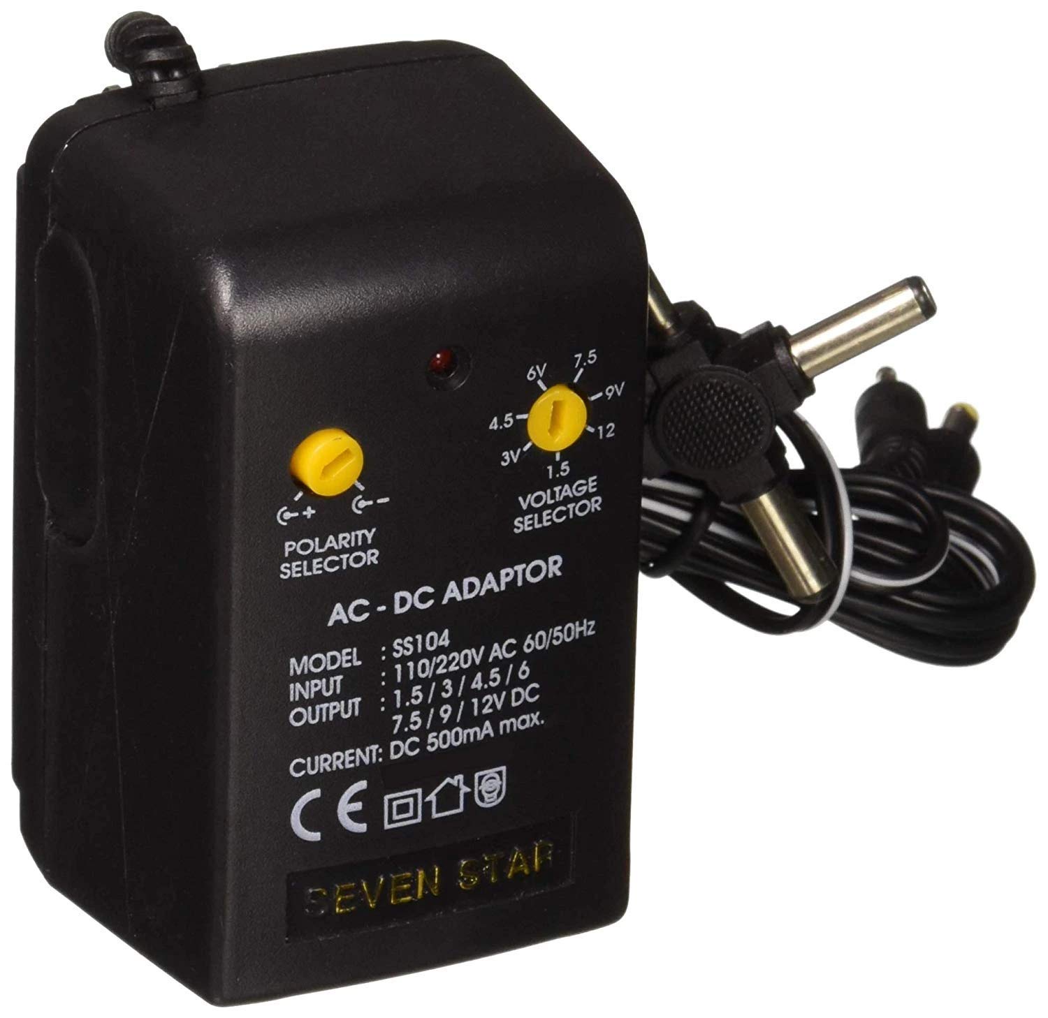 Seven Star 1.5V, 3V, 4.5V, 6V, 7.5V, 9V, 12V DC, 500mA Regulated Universal AC to DC Converter with Multiple Connector Ends