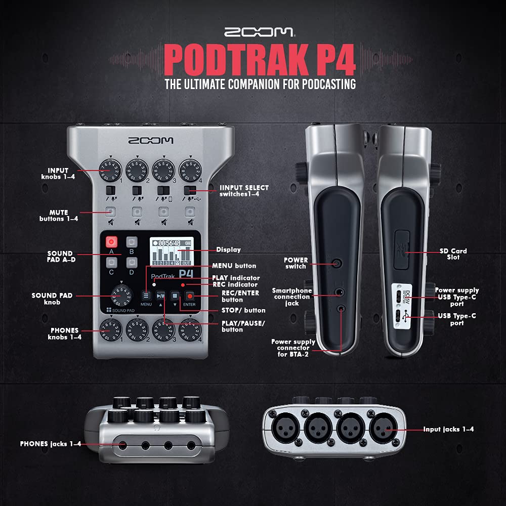 Zoom PodTrak P4 Portable Multitrack Podcast Recorder, Audio Interface w/ 4 Mic Inputs, 4 Headphone Outputs + 4x Zoom ZDM-1PMP 4 Headphones, Microphones stands & cables, 64GB SDXC, Boom arms and more