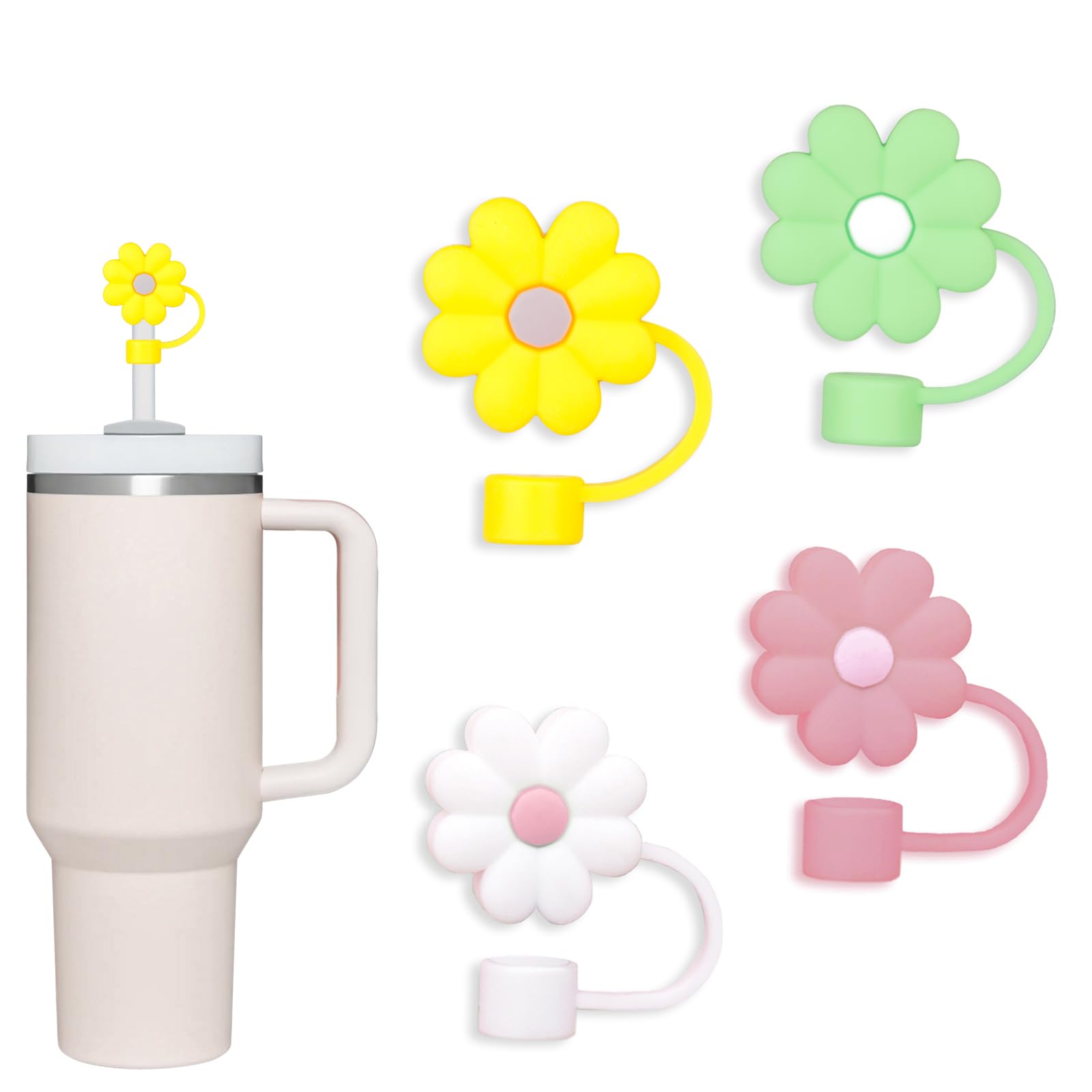 COCGVEL 4 Pack Compatible with Stanley 30&40 Oz Tumbler, 10mm Flower Straw Covers Cap, Cute Silicone Straw Covers, Straw Protectors, Various Shapes Soft Silicone Straw Lids for 10mm Straws COCGVEL33