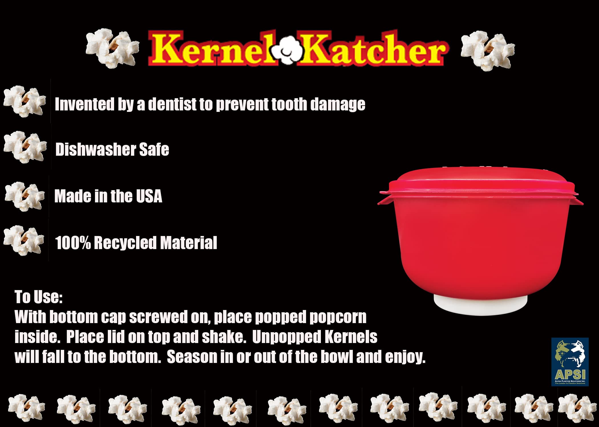 Kernel Catcher Popcorn Bowl-- Dentist Invented, Dishwasher Safe, Recycled Material (Blue)