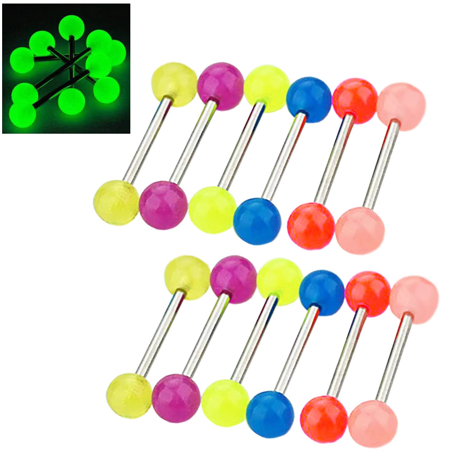 CHARMONLINE Tongue Rings Barbell Nipple Bars 12Pcs Glow in The Dark 14G Bioflex Acrylic or Stainless Steel Piercing Rings Jewelry
