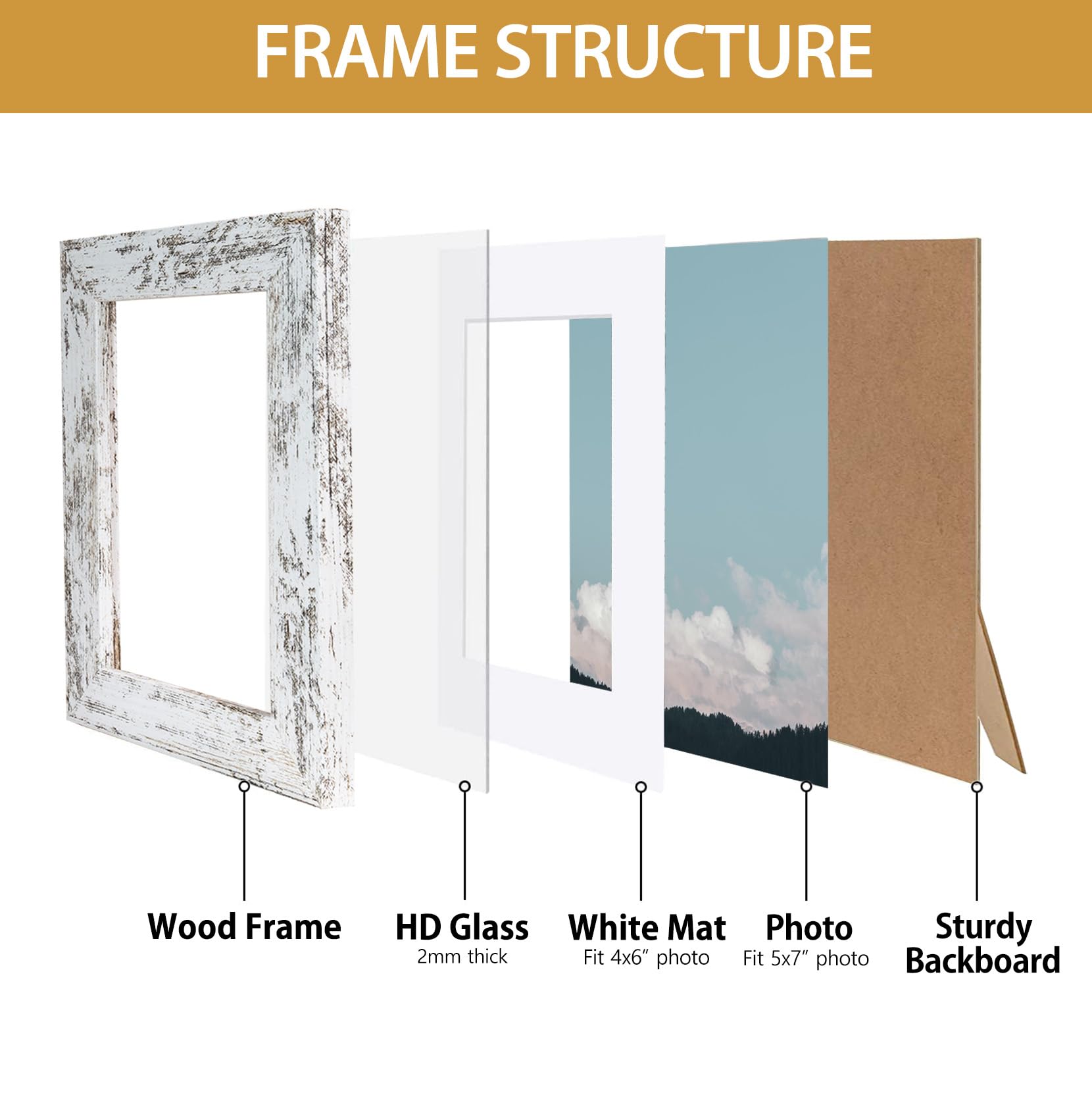 Califortree Rustic White 5x7 Picture Frame - Display Photos 4x6 with Mat or 5x7 Without Mat - Real Glass Frames for Wall and Tabletop - Set of 2
