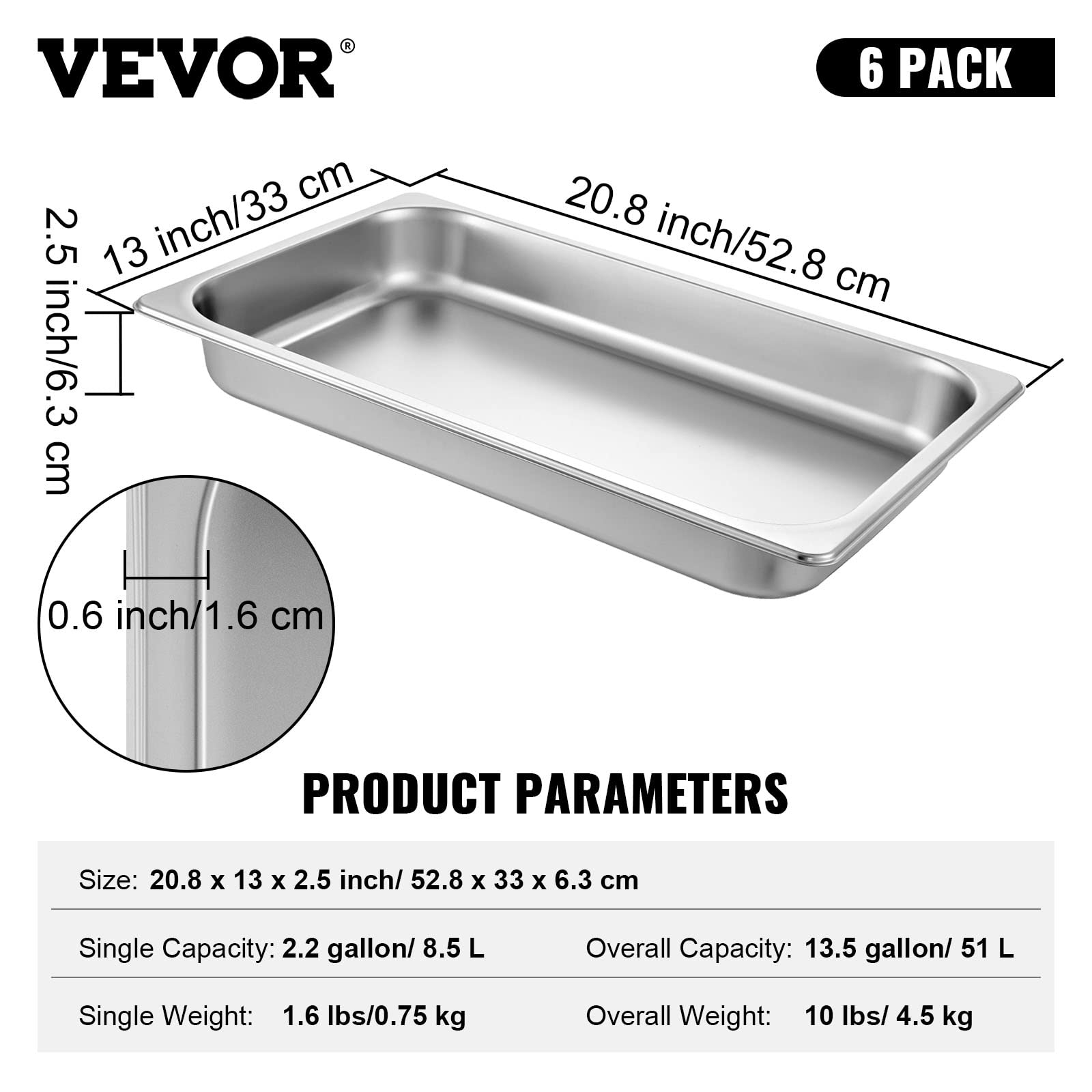 Mophorn Hotel Pans Full Size 2.5 Inch Deep, Steam Table Pans 6 Pack, 22 Gauge/0.8mm Thick Stainless Steel Hotel Pan Anti Jam Steam Table Pan
