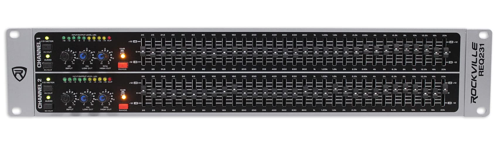 Rockville REQ231 Dual 31 Band 1/3 Octave Graphic Equalizer with Sub-Output, Grey