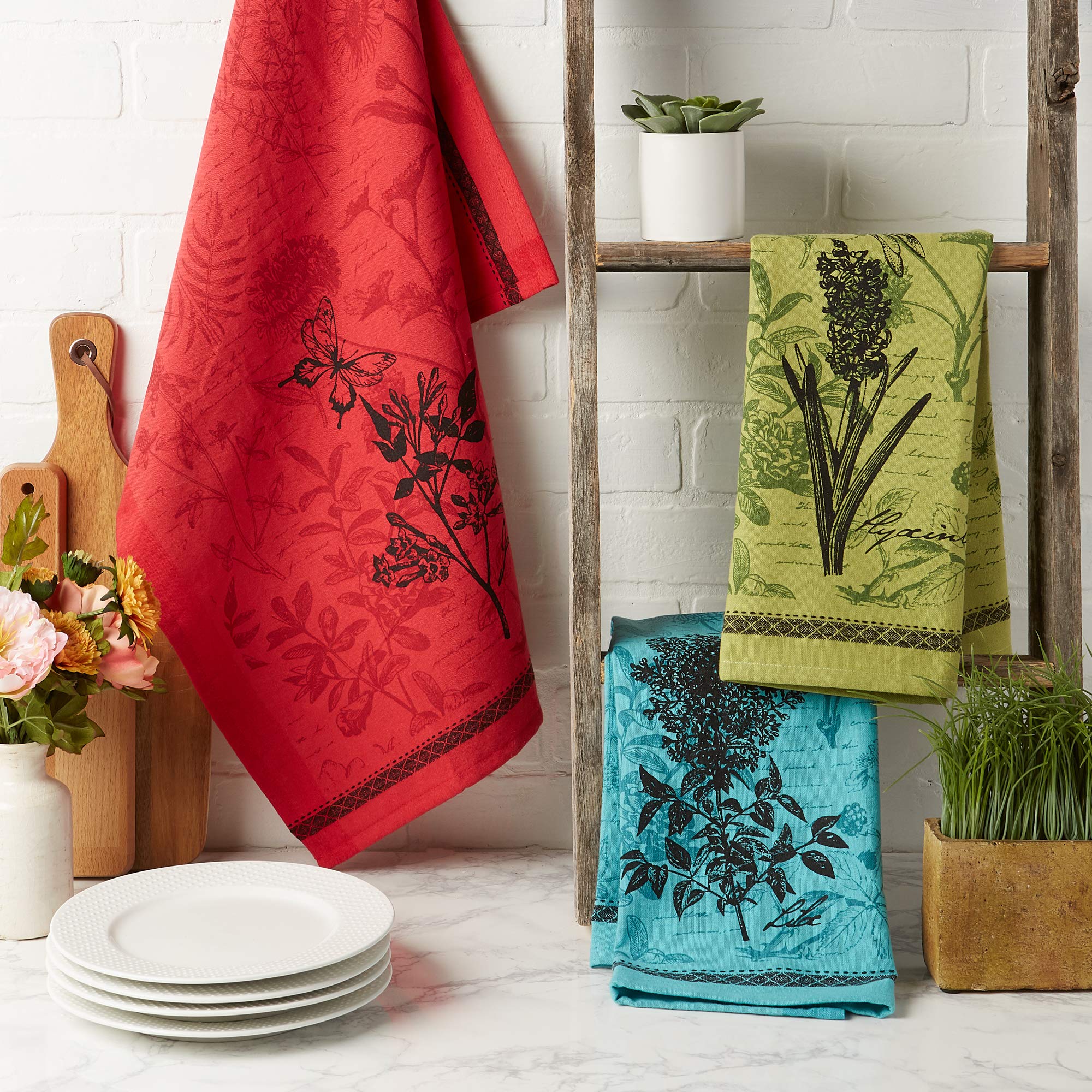 DII Botanical Print Tabletop Collection, Dishtowels, 18x28, Botanical Flowers 3 Piece