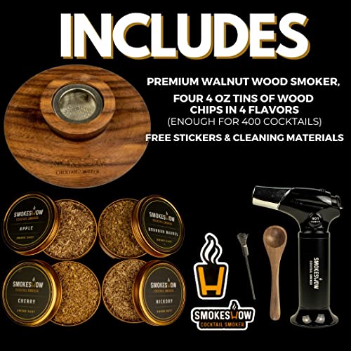 Cocktail Smoker Bundle with Kitchen Torch, Four Flavors of Wood Chips, Apple, Hickory, Cherry and Bourbon Soaked Oak. (No Butane Included) - Smokeshow