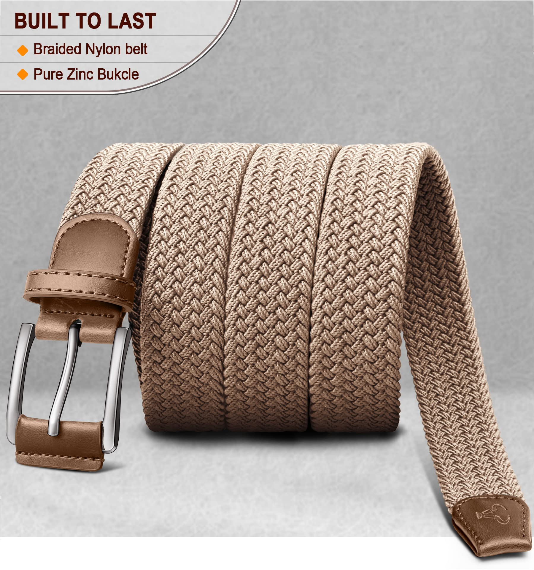 BULLIANT Stretch Belt Men,Mens Gift Woven Braided Web Belt 1 3/8 for Golf Casual Pants Shirts Jeans(Beige,46"-50" Waist Adjustable)