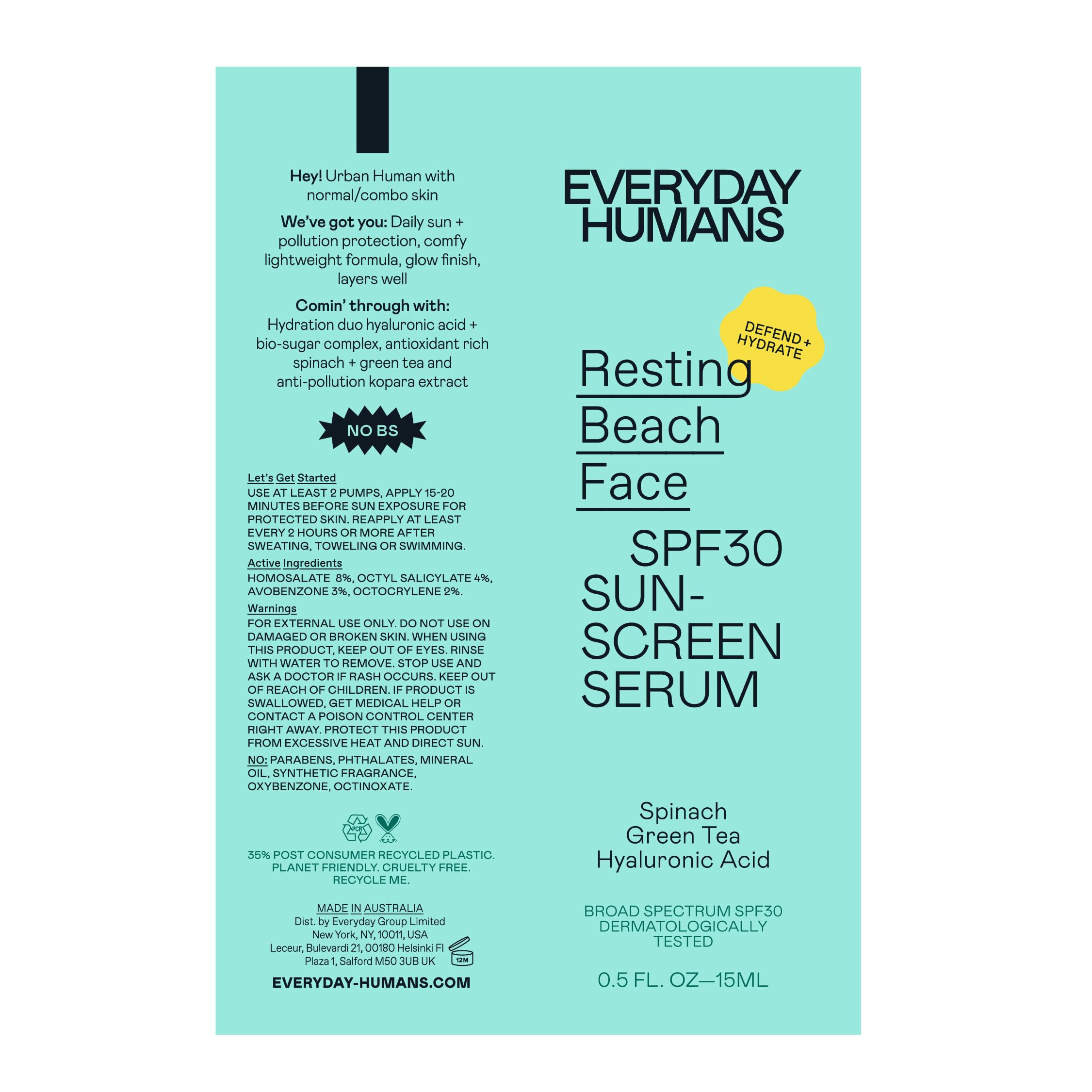 Everyday Humans Resting Beach Face SPF 30 | Travel Sunscreen | Daily SPF Moisturizer Face | Use as Makeup Primer for Face Makeup | Travel Size Sunscreen | Face Moisturizer with Hyaluronic Acid Serum
