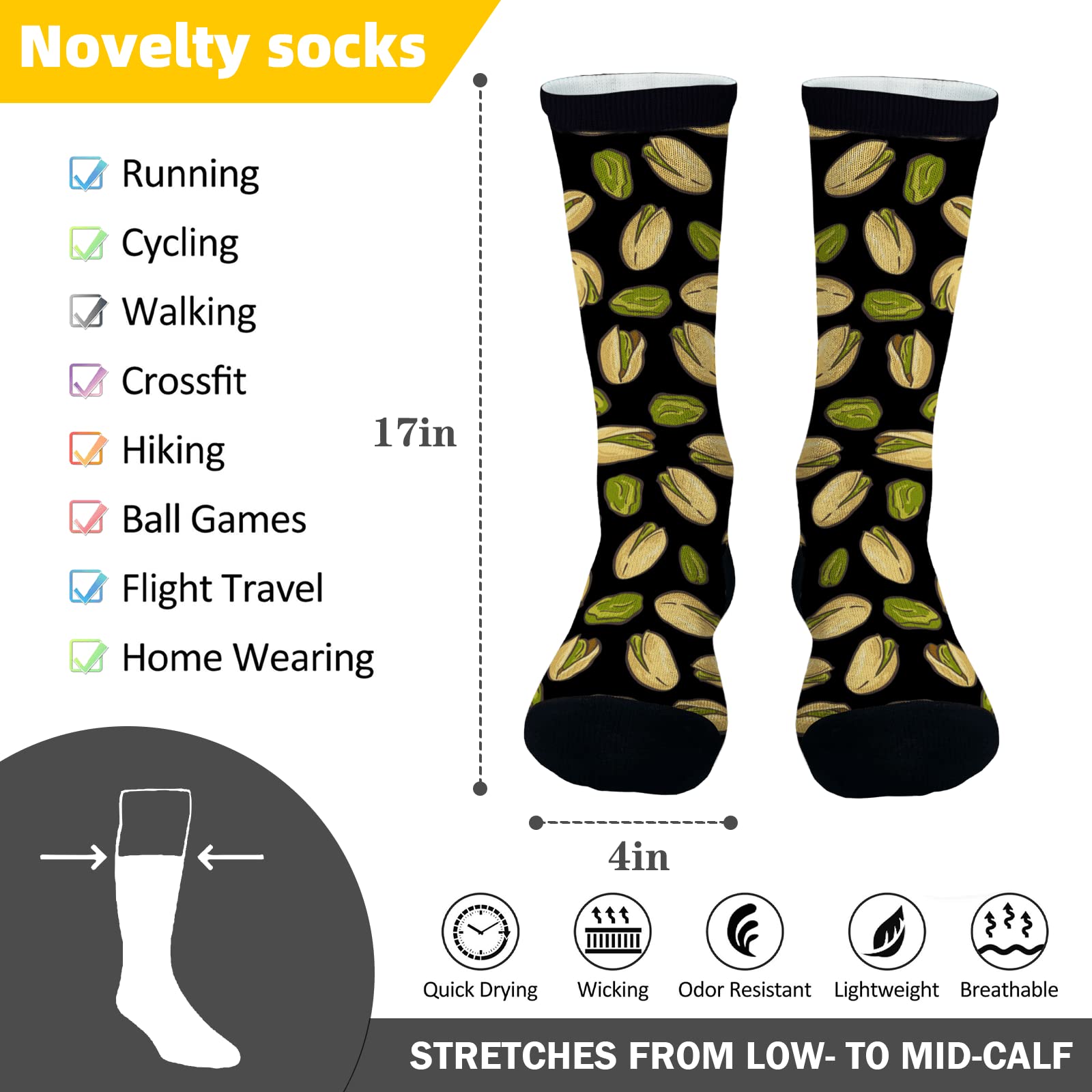 Catilo Roasted Pistachio Seed Shell Novelty Socks Crazy Funny Dress Crew Socks Gift For Women Men