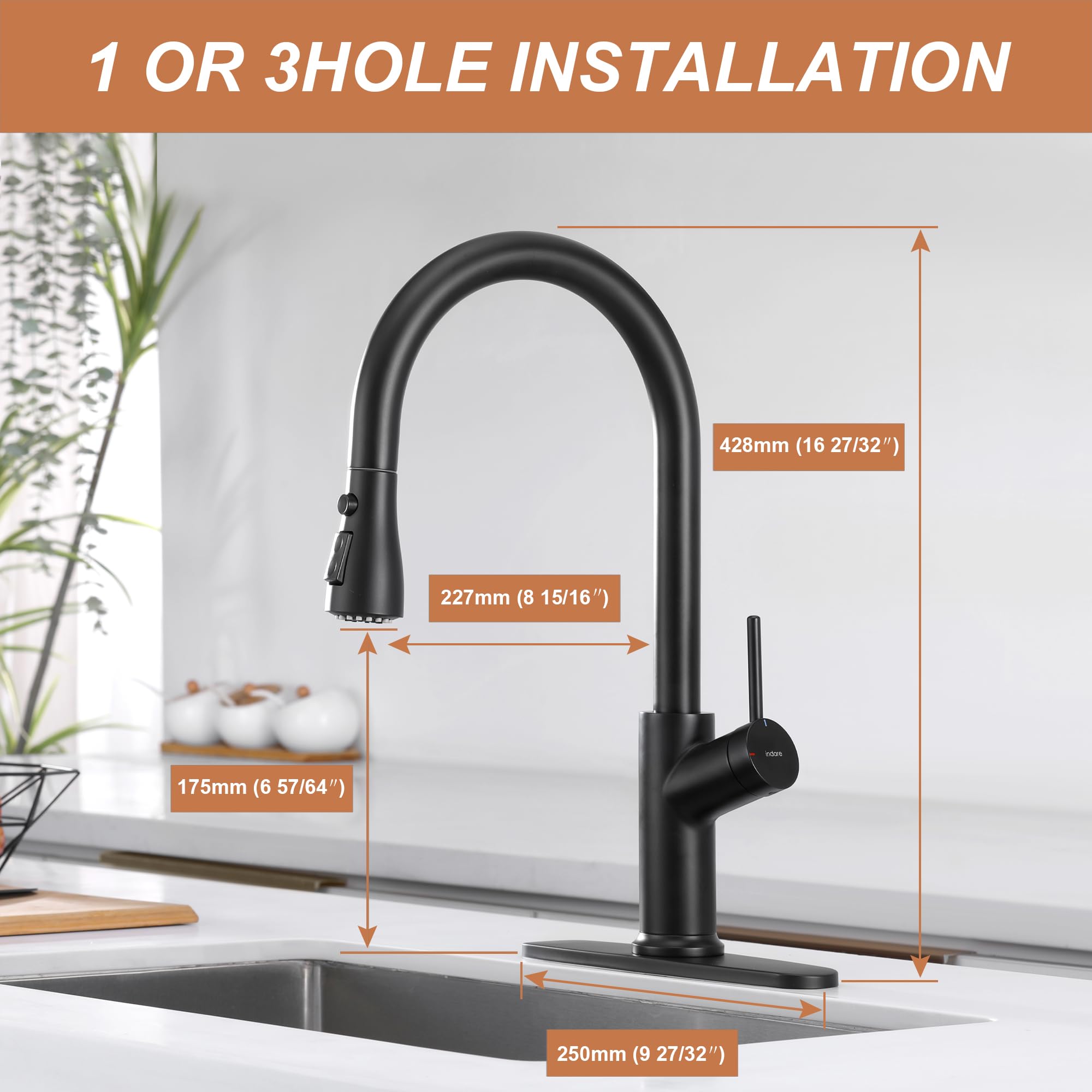 Indare Kitchen Faucets, Kitchen Faucet with Pull-Down Sprayer, Matte Black Kitchen Faucet with Deck Plate, Kitchen Faucet with Sprayer