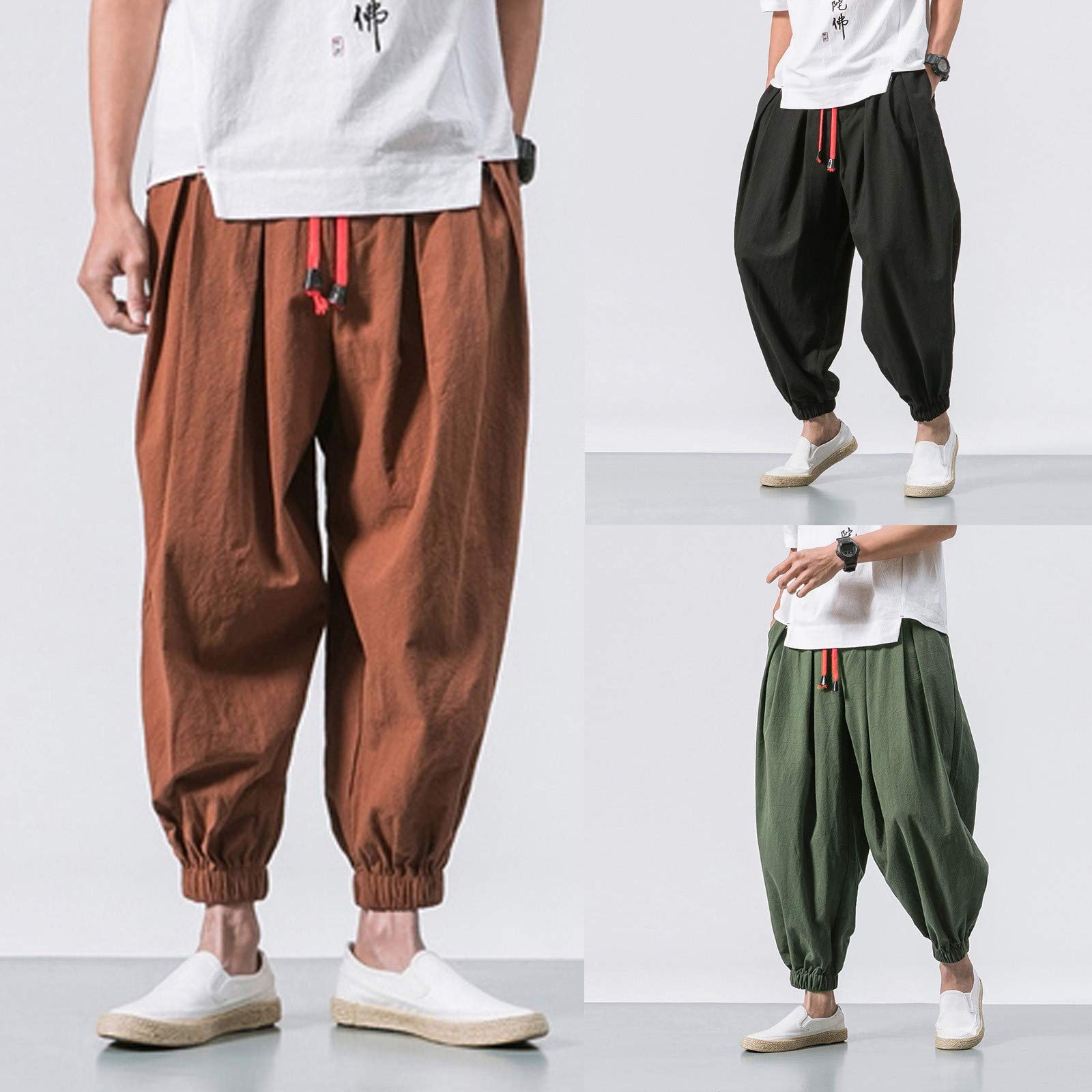 Casual Baggy Harem Pants for Men Trendy Oversized Drawstring Cotton Linen Boho Yoga Pants with Pockets Joggers Sweatpants Black