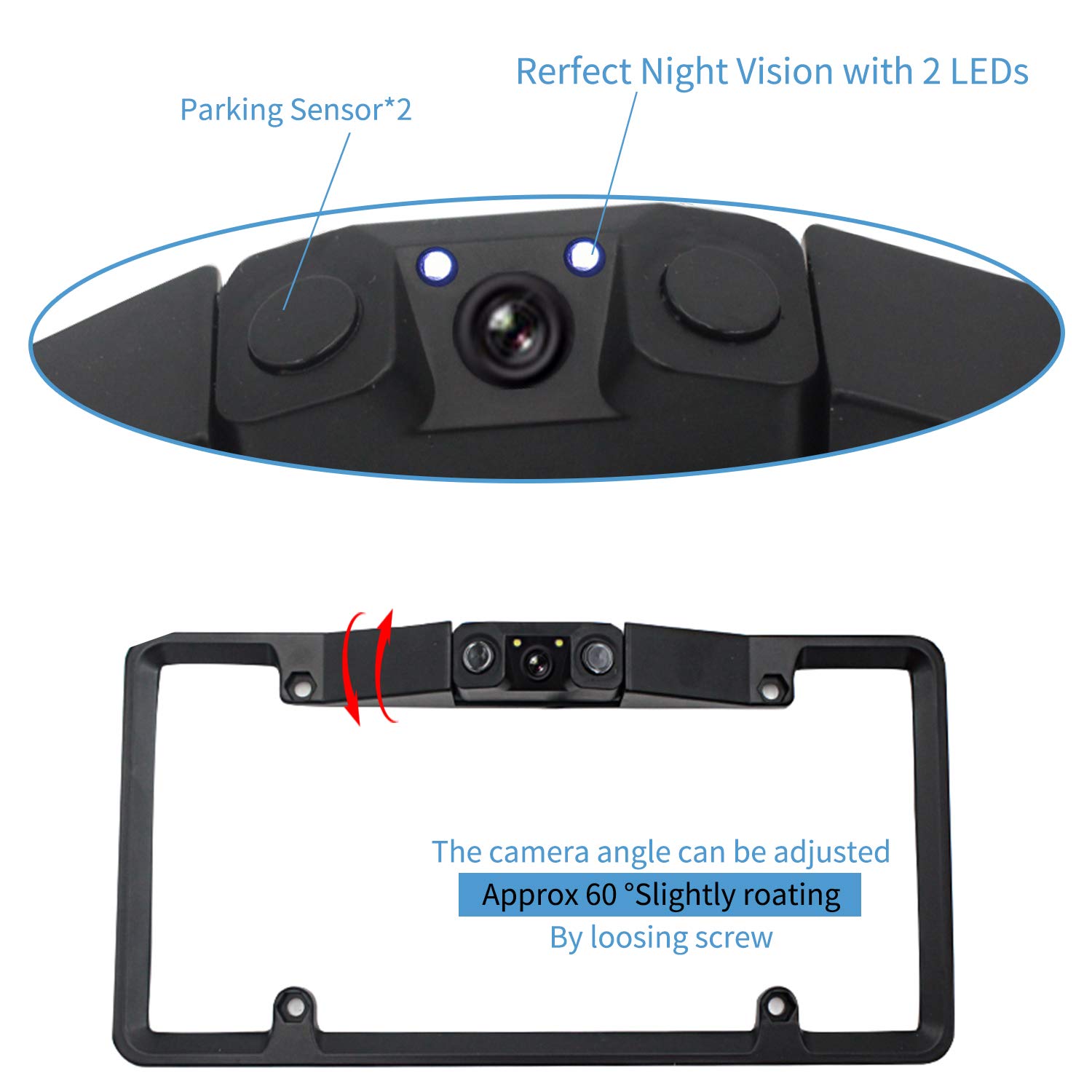 BY-J License Plate Frame with Car Reverse Backup Radar System, Parking Detector Monitor with Radar Sensor, 170 Degrees Night Vision Rear View Backup Camera, Parking Sensor Kit, for Car Pickup SUV