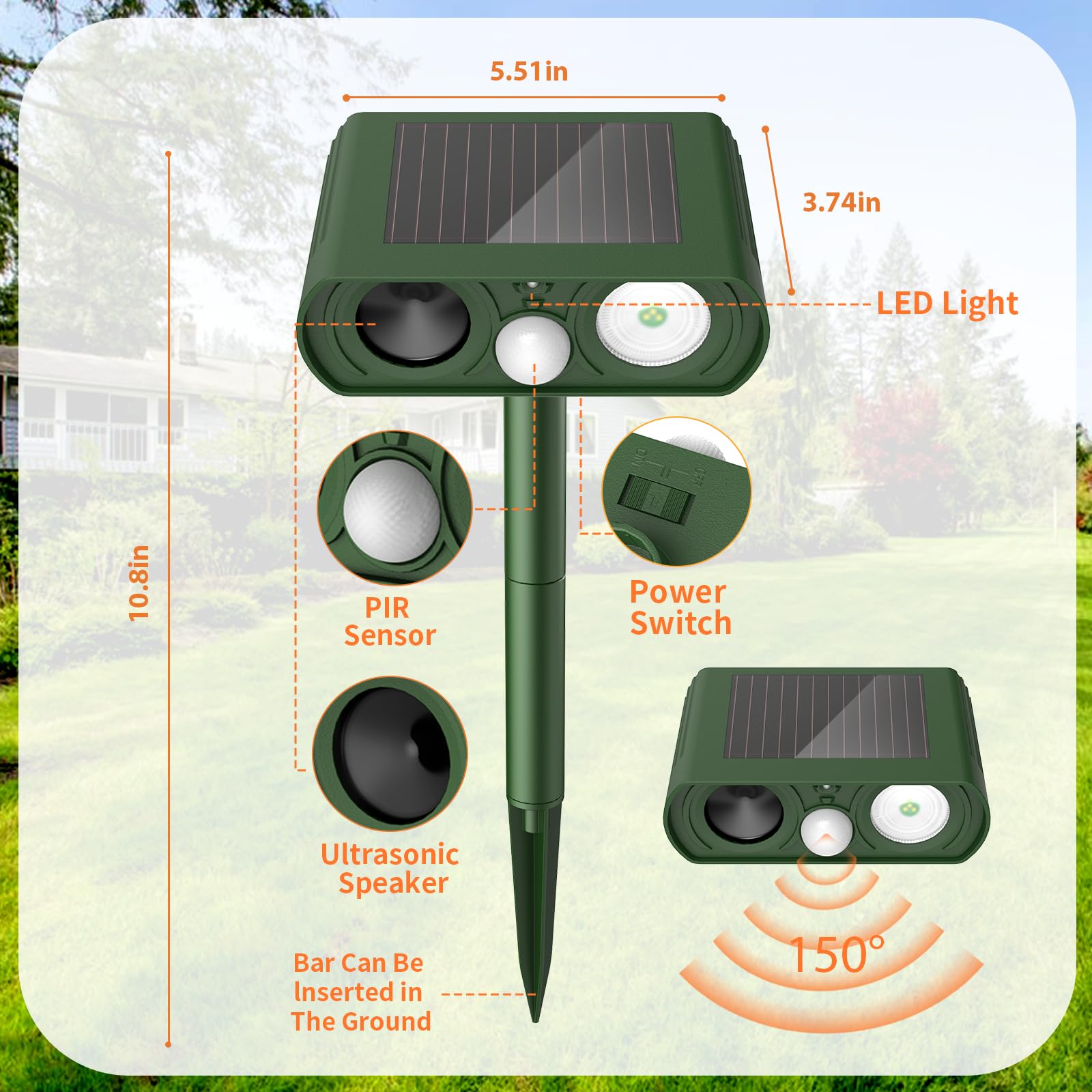 FEARLEFT Solar Ultrasonic Animal Repellent, Cat Raccoon Repellent Outdoor