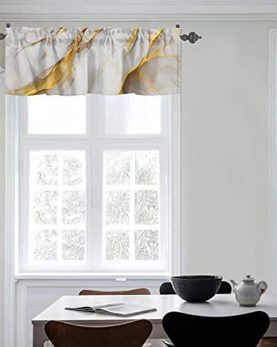 Yun Nist Window Valance Curtain Abstract White Marble Gold Stripe Valances for Kitchen Windows,Modern Geometry Art Rod Pocket Short Curtains for Bedroom,Bathroom,Living Room 60x18Inch