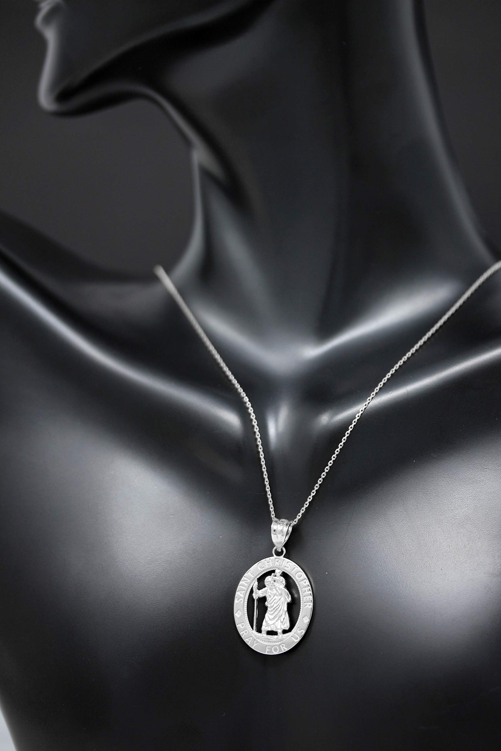 CaliRoseJewelry 10k Saint Christopher Pray for Us Oval Charm Pendant Necklace in White Gold, 16"