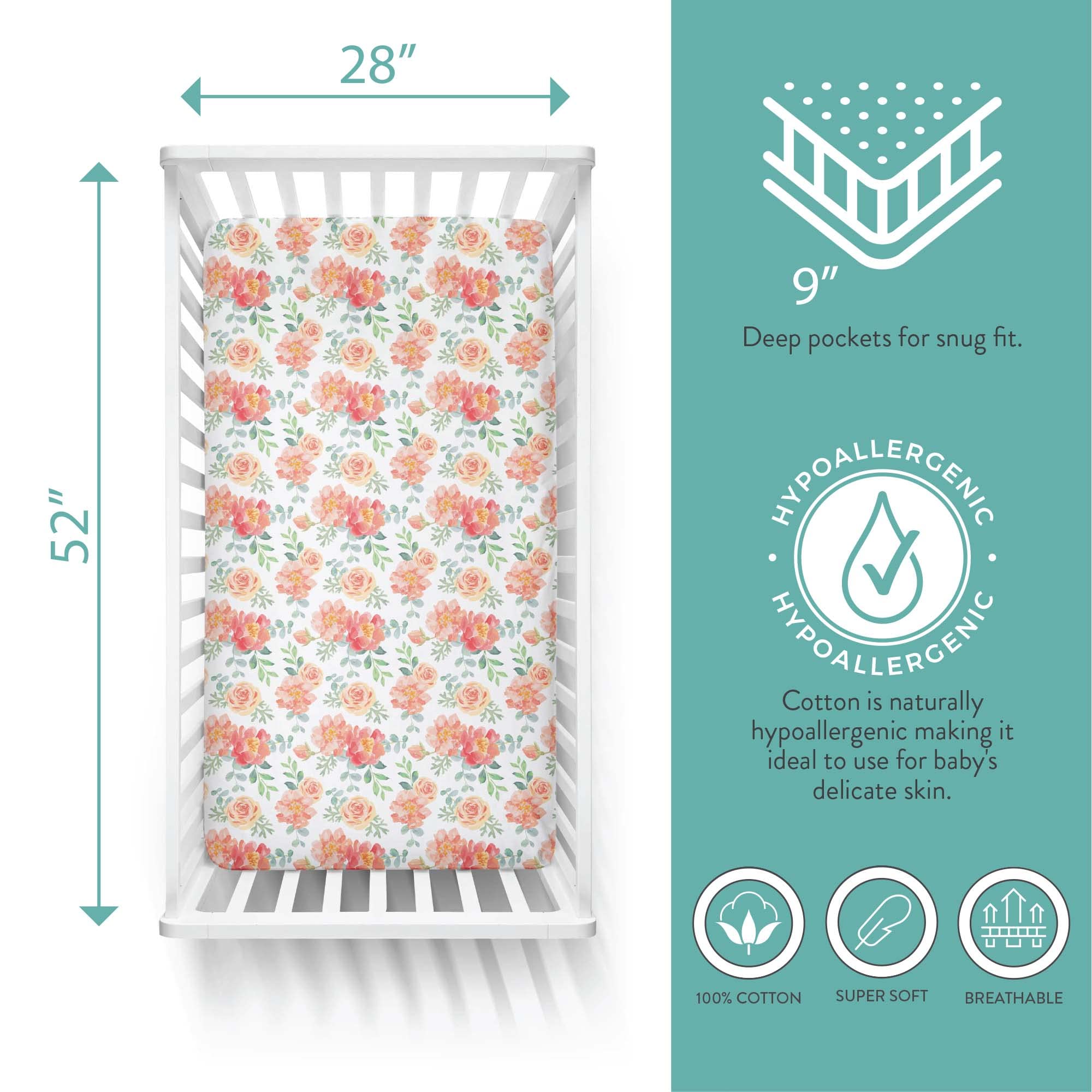 Featherhead™ 2-Pack Fitted Crib Sheets - 100% Cotton - 52" x 28" x 9" for Standard Crib and Toddler Mattress (Percale Garden Floral)