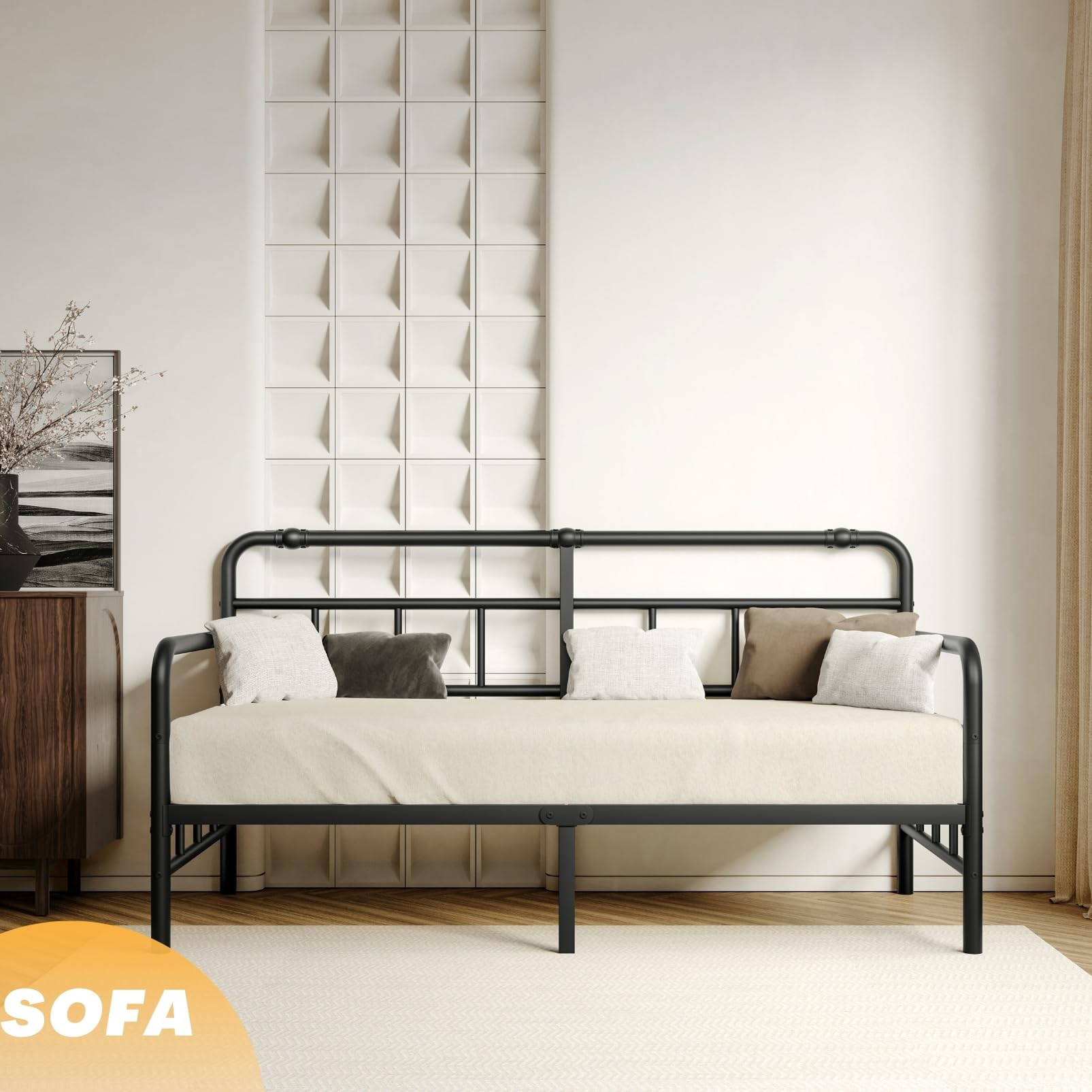 FDLOGW Twin Daybed Frame, Classic Day Bed Frame Twin Size with Headboard, Metal Platform Sofa Bed for Bedroom Living Room, Heavy Duty, Easy Assembly
