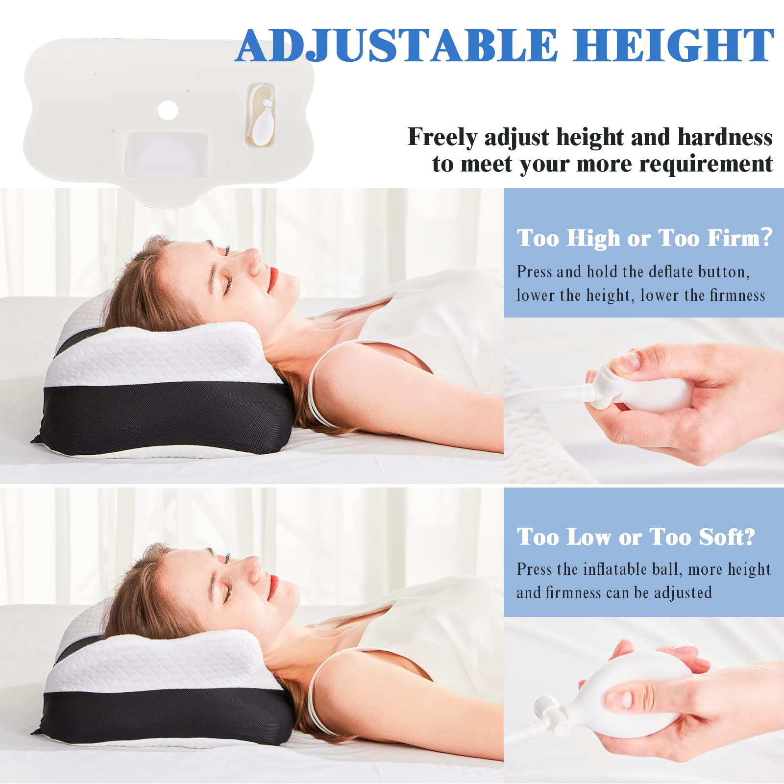 Cervical Memory Foam Pillows, Side Sleeper Pillow for Neck Shoulder Pain Relive Orthopedic Contour Ergonomic Inflatable Height Adjustable Pillow for Back Stomach Side Sleepers with Air Bag