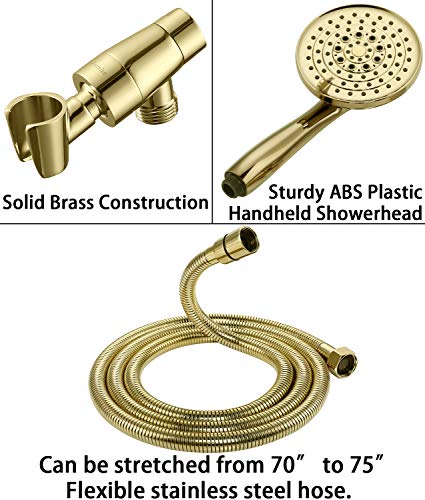 G-Promise Luxury High Pressure 5β Face 6 Setting Detachable Handheld Shower Head with Extra Long Flexible Metal Hose(70β Stretches to 75β), Adjustable Metal Holder, Polished Brass Finish (2.5GPM)