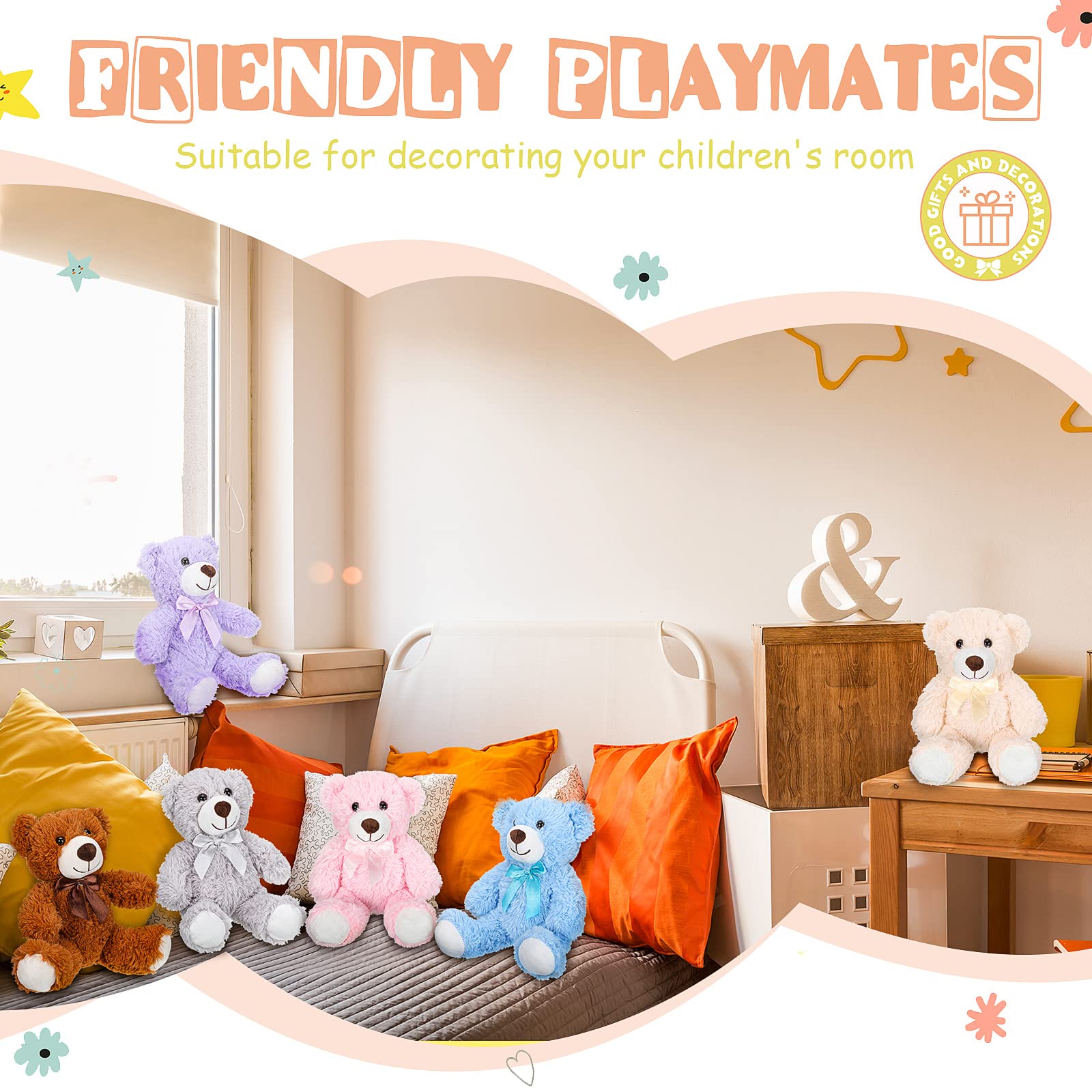 Zomiboo 7 Packs 14 Inch Plush Bear Stuffed Animals Plush Valentine Day Gift Soft Cute Stuffed Dolls Birthday Party Decorations(Cute Colors)