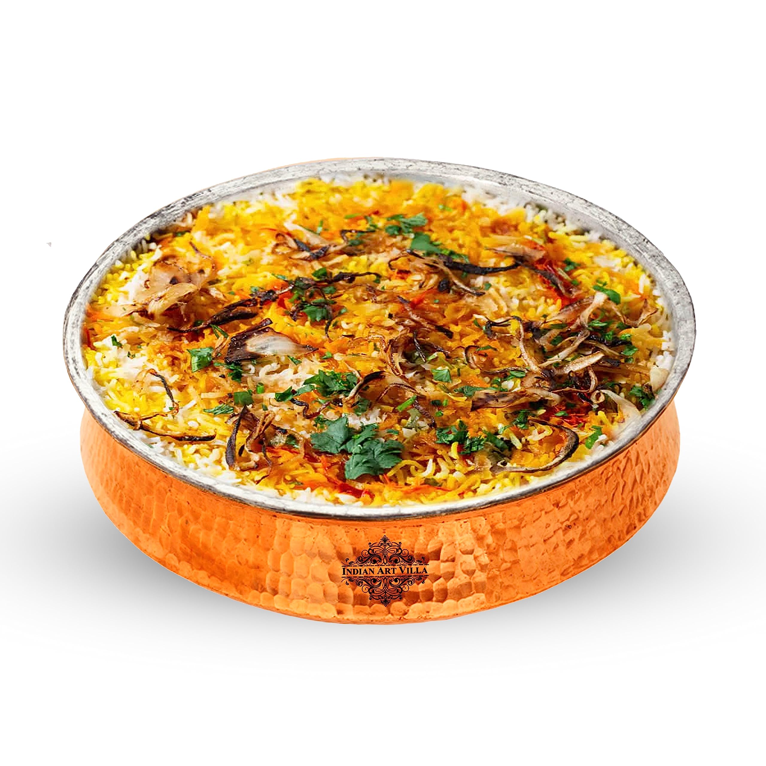 Indian Art Villa Copper Hammered Lagan Handi Chaffing Dish Pan With Tin Lining, Cookware & Serveware, Capacity -6 Liter, Hyderabadi Dum Biryani Rice and Veg/Nonveg