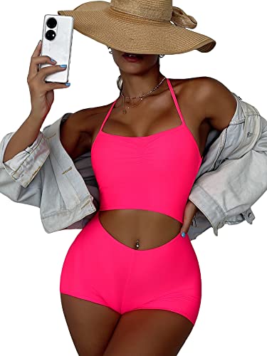 WDIRARA Women's Criss Cross Backless Ruched One Piece Swimsuit Monokini Swimwear Watermelon Pink M