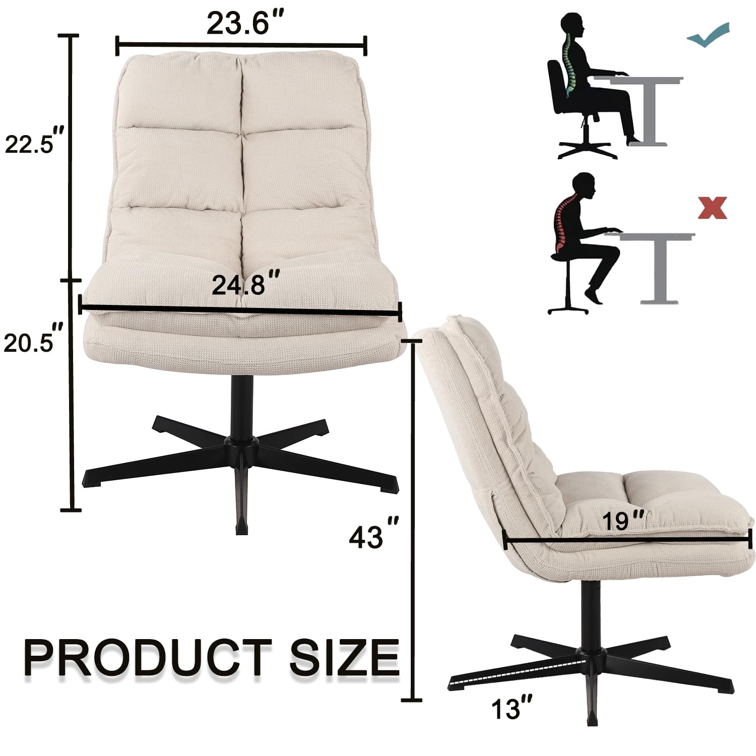 Deenziilix Criss Cross Legged Office Chair, Easy to Assemble Armless Wide Office Desk Chair, Fabric Modern Comfy Padded Seat Task Computer Chair for Home, Bedroom, Living Room(Beige)