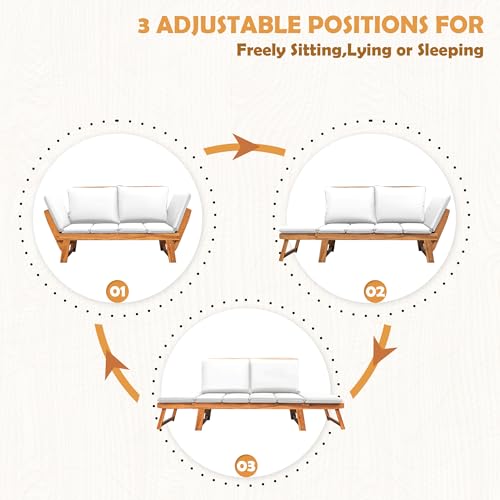 Greesum Patio Convertible Couch Sofa Bed with Adjustable Armrest, Acacia Wood Outdoor Daybed with Cushion & Pillow, Folding Chaise Lounge Bench for Porch Courtyard Poolside,White
