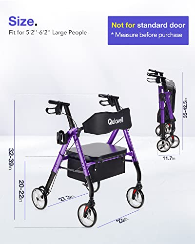 Quicwell Heavy Duty Rollator Walker with Large Paded Seat, Bariatric Rolling Walker with Wide Comfort Backrest for Seniors and Adults, Adjustable Seat, Large 8" Wheels, Support Up 450 lbs, Purple