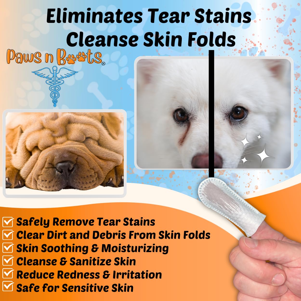 Multi-Purpose All-Natural Pet Finger Wipes, Organic, Safe, Non-Toxic Formulated Pre-Moistened Wipes. Remove Plaque & Whiten Teeth, Clear Ear Wax/Dirt Buildup, Soothe Dry Skin Folds, Remove Tear Stains