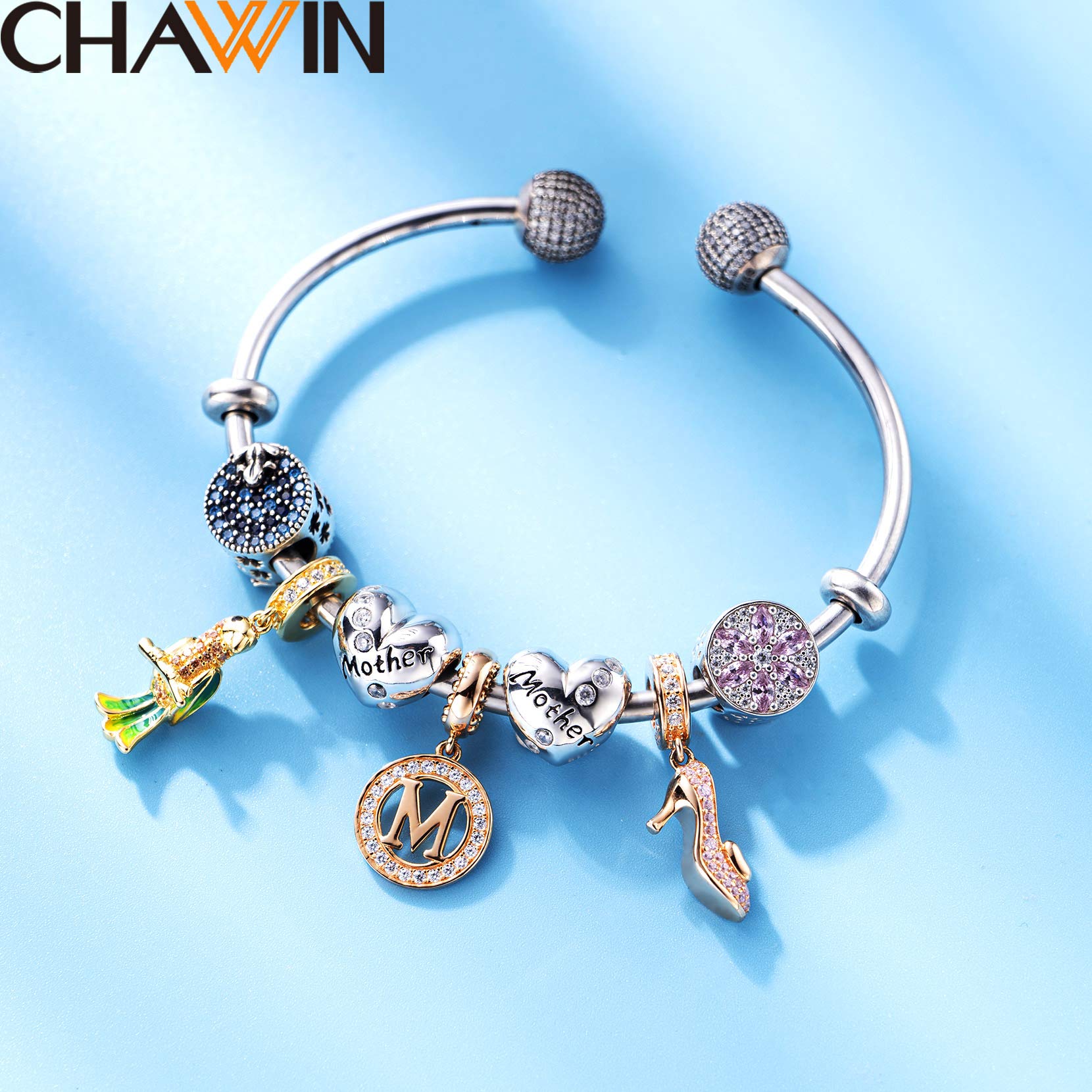 CHAWIN Initial M Letter Charms, Alphabet Charms Rose Gold, Authentic 925 Sterling Silver Charms fit Pandora Charm Bracelets, Necklace, Circle Dangle Charm Gift for Women, Sparkling Clear Stones