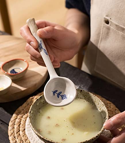 YUURAIN VUVU Japanese Large Spoon, Handmade Long Handle Asian Spoons, Retro Ceramic Spoons, Ramen Spoons, Pho Spoons, Large Soup Spoons with Cute Hand-Painted Pattern, Hand-Kneaded (2 Pieces) - D