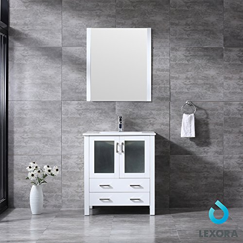 Lexora Volez 30 in W x 18.25 in D White Bath Vanity, White Ceramic Top and 28 in Mirror