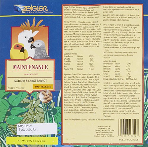 Zeigler Parrot Maintenance - Medium & Large Parrot - 5/32" Pellet - 20 lbs