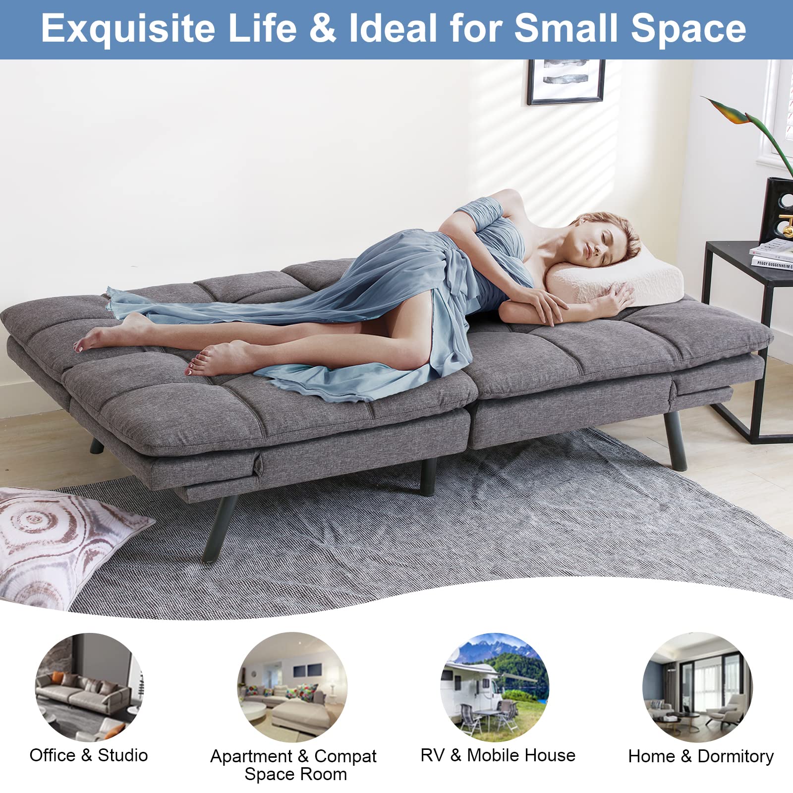 MUUEGM Futon Sofa Bed Couch Convertible Futon Couch Bed Memory Foam Sleeper Sofa Bed,Modern Love Seat Daybed Sofa for Living Room,Small Space,Office,Adjustable Backrests Armrests,71",Grey