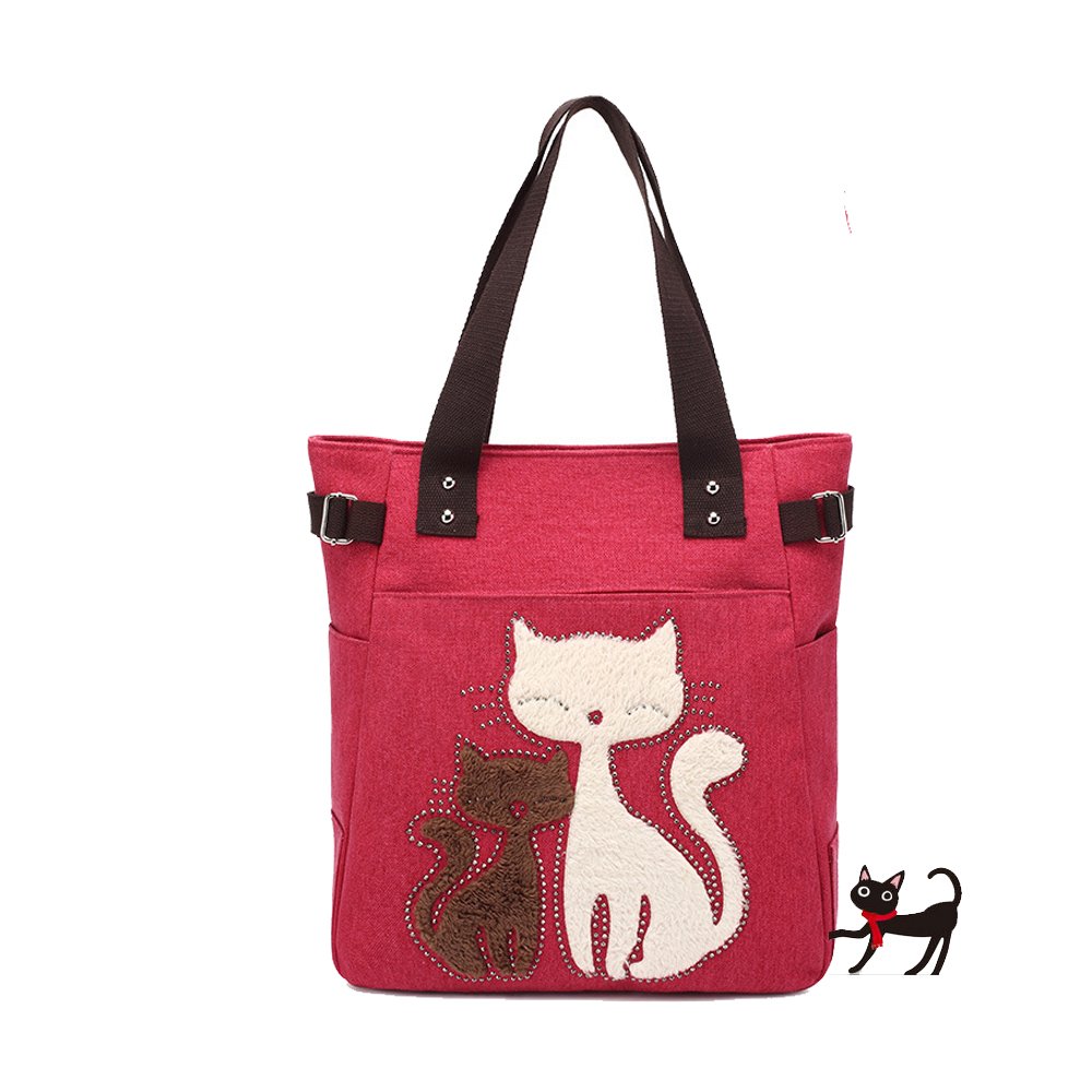 Canvas Tote Handbag for Women Cute Cat Embroidery Shoulder Purse Large Zipper Travel Work Shopping Grocery Bags